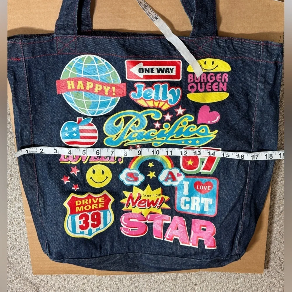 Bags | Denim Tote Bag With Colorful Patches | Poshmark